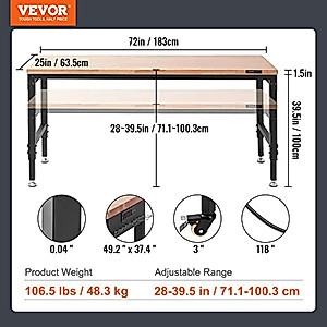 VEVOR Adjustable Workbench, 72" L X 25" W Garage Worktable with Universal Wheels, 28-39.5" Heights & 3000 LBS Load Capacity, with Power Outlets & Hardwood Top & Storage & Foot Pads, for Office Home
