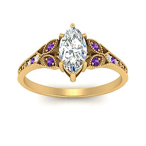 Jewelryonclick Split Band Antique Engagement Ring Yellow Gold Plated Natural Amethyst Marquise Shape Purple Color Side Stone Engagement Rings Pave Setting in Size 9 Fashion Jewelry