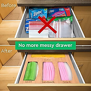 aanch Bamboo Ziplock Bag Organizer for Kitchen Drawer, Easy to use Baggie Storage Organizer, Compatible with Gallon, Quart, Sandwich and Snack