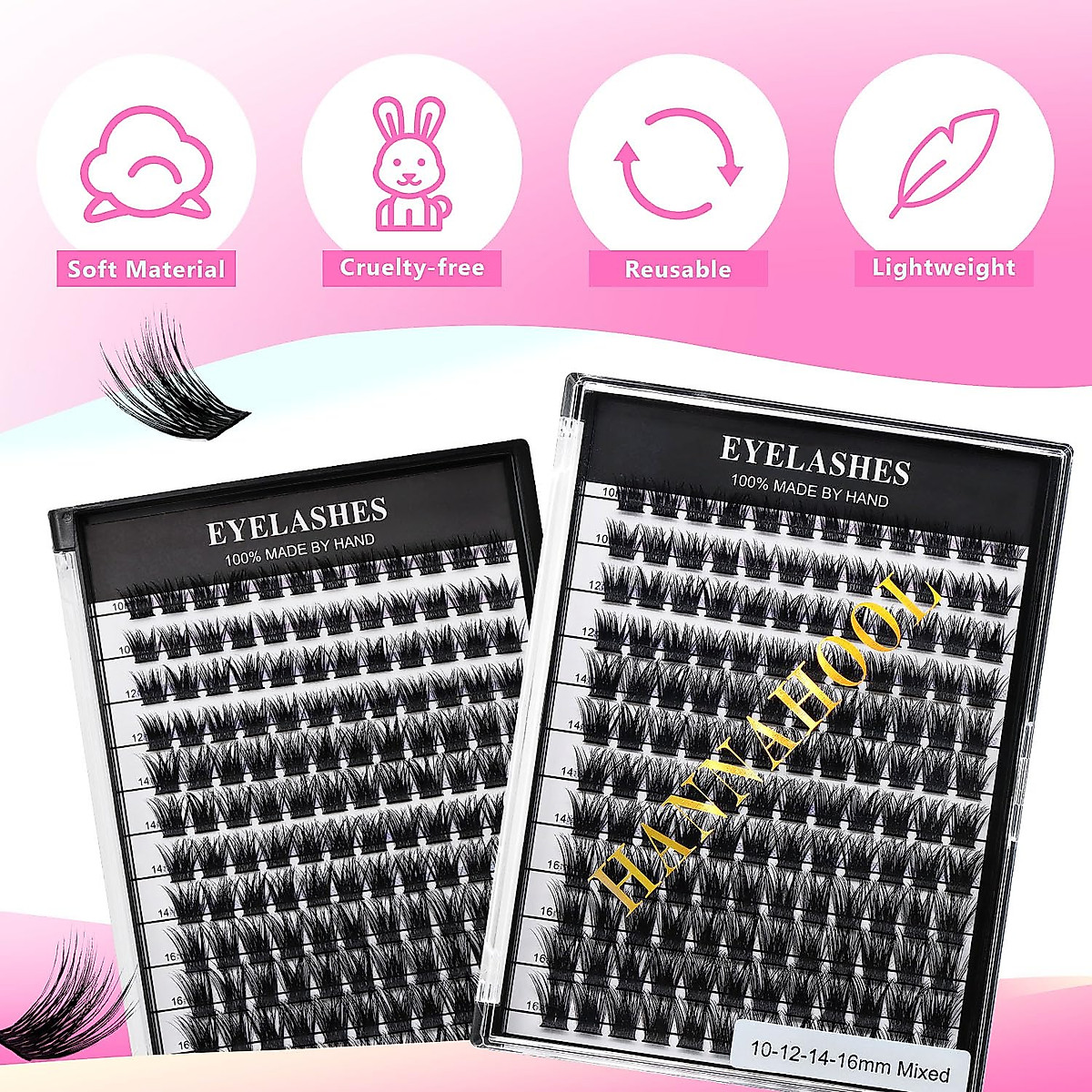 Hannahool Mixed 8-12-14-16mm/8-10-12-14mm/10-12-14-16mm/14-15-16mm Wide Stem Individual False Eyelashes Soft Lightweight Volume Eyelashes Extensions Makeup Cluster Lashes (Mixed 8-10-12-14mm)