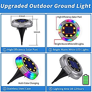 Mutois 4-Pack Solar Ground Lights Outdoor, Waterproof Solar Garden Lights with 8 Warm Lights & Multi-Color Auto-Changing Light, Upgraded Bright in-Ground Lights, Landscape Light for Pathway Yard Lawn