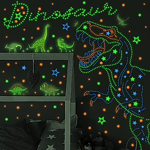 Buiory 925pcs Glow in the Dark Dinosaur Wall Decals Removable DIY Glowing Blue Green Yellow Stars and Dots Wall Stickers PVC Peel and Stick Fluorescent Luminous Wall Decor for Kids Bedroom Baby Boys