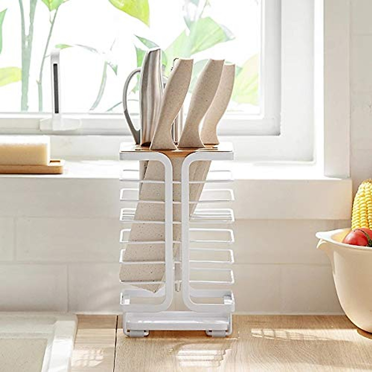 CUJUX Stainless Steel Kitchen Knife Holder White Universal Metal Wood Bamboo Knife Block Rack Multifunction Storage Stand Organizer(Without knife)