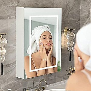 Mepplzian LED Bathroom Mirrored Medicine Cabinet Lighted Medicine Cabinet Wall Mounted Mirror Cabinet with 3 Storage Shelf Medicine Cabinet with Led Lights and Defogger,US Plug Adapter,23.6x29.9Inch