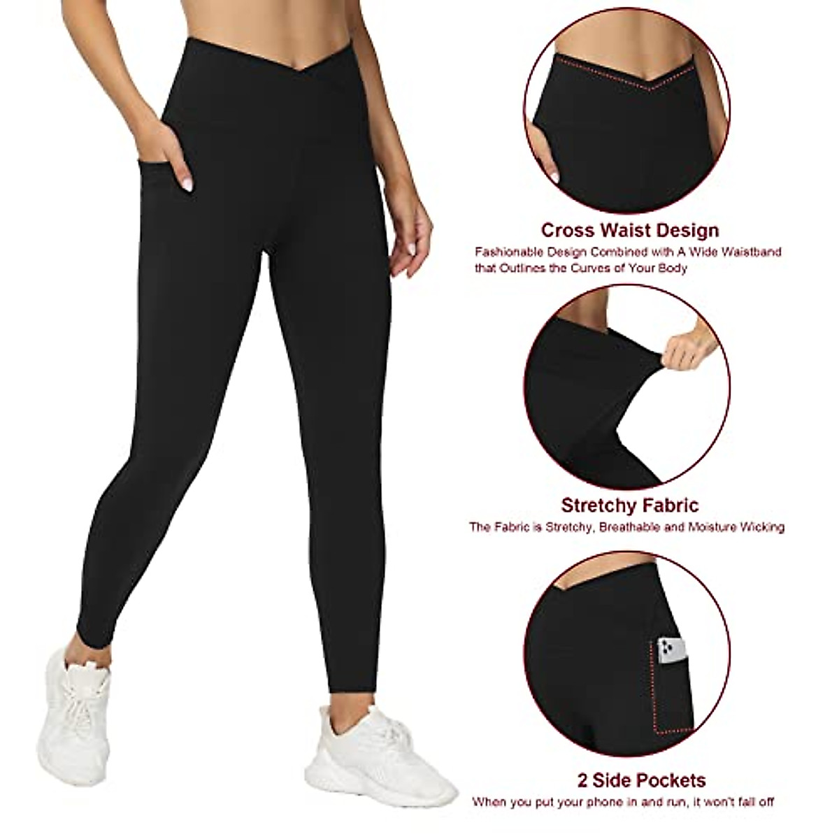 THE GYM PEOPLE Women's V Cross Waist Workout Leggings Tummy Control Running Yoga Pants with Pockets(Black, Medium)