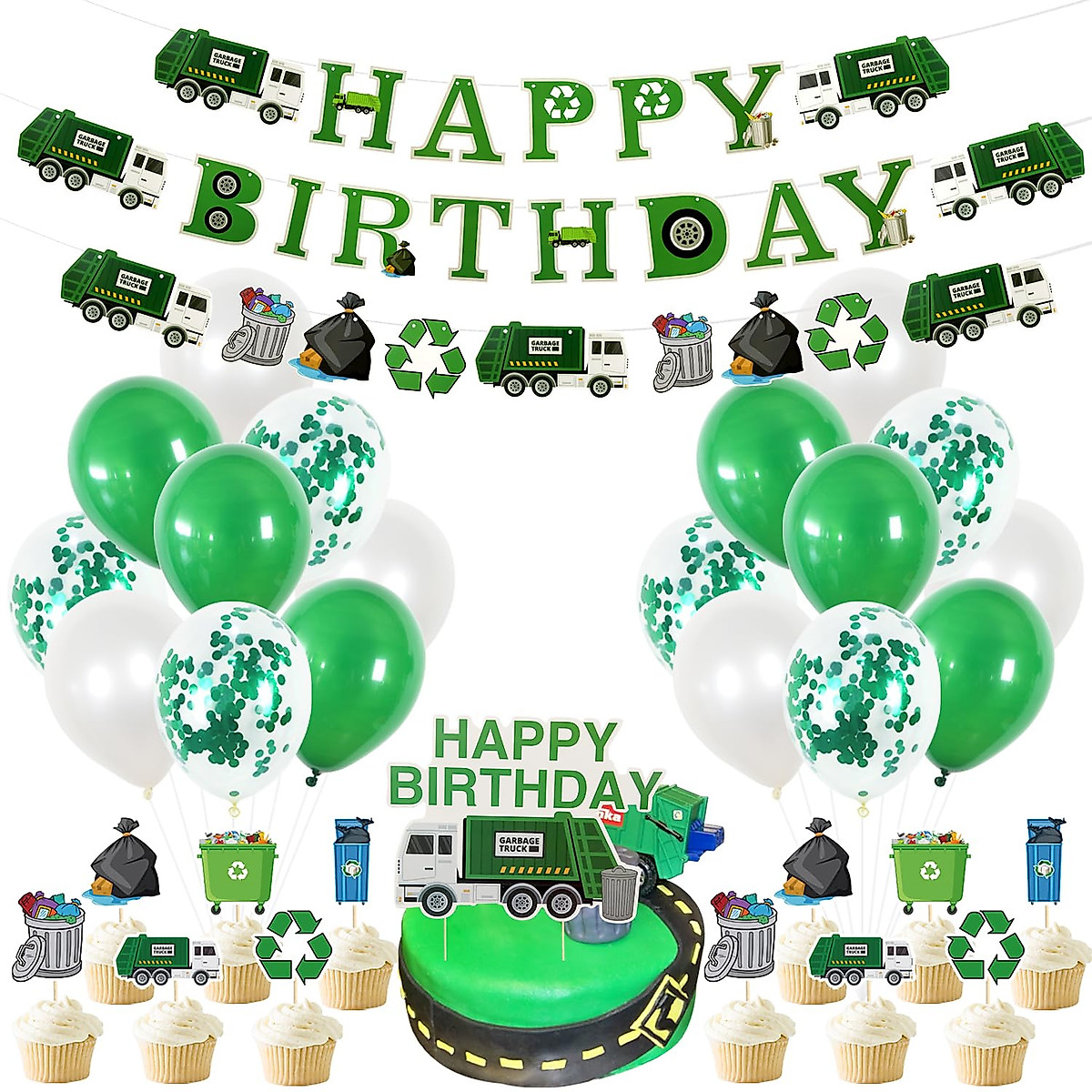 KEFAN Trash Truck Party Decorations, Garbage Truck Birthday Party Supplies with Happy Birthday Banner, latex Balloons, cupcake Toppers, for Kids Waste Management Recycling Birthday Party Decor