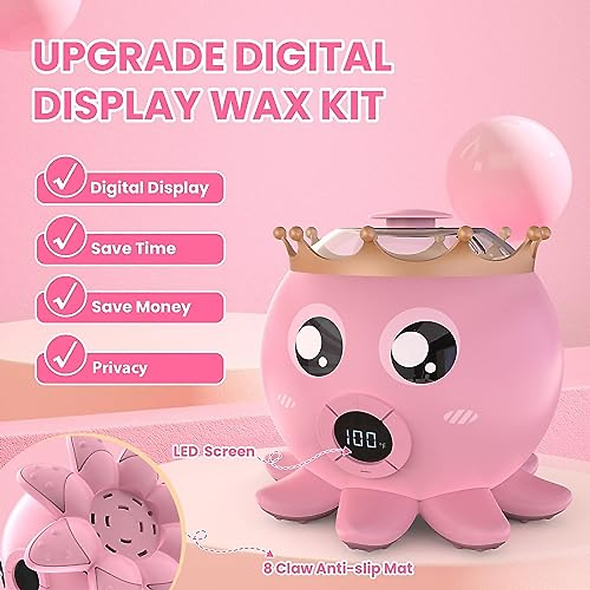 Octopus Shape Waxing Kit for Women, Digital Wax Warmer for hair removal, wax melt warmer with 4 bags Hard Wax Beads for Full Body, Brazilian, Bikini, Legs, Facial, Eyebrow, Armpit Hair Removal