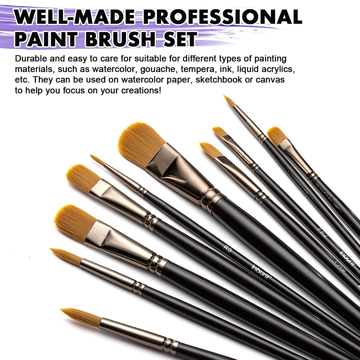 Artist Paint Brush Set of 10 for Acrylic, Watercolor, Gouache and Oil Painting, Professional Art Paint Brushes Kit for Canvas, Body Painting, Model, Rock, Craft and More