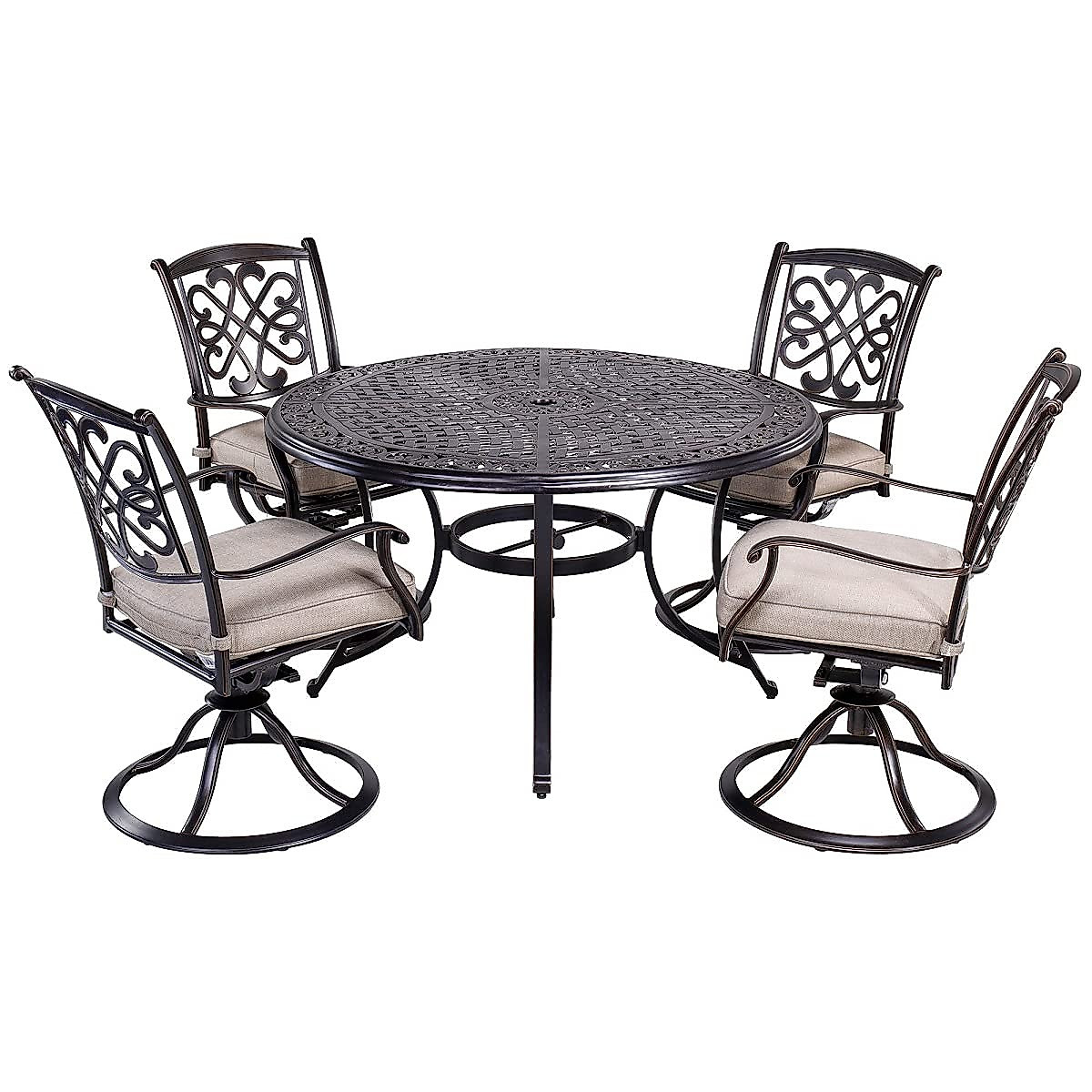 DALI 5 Piece Outdoor Dining Set Patio Furniture, Deep Cushioned Aluminum Swivel Rocker Chair Set with 48 inch Round Alum Casting Table