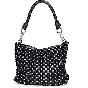 Zzfab Sparkle Rhinestone Suede Hobo Handbag Black
