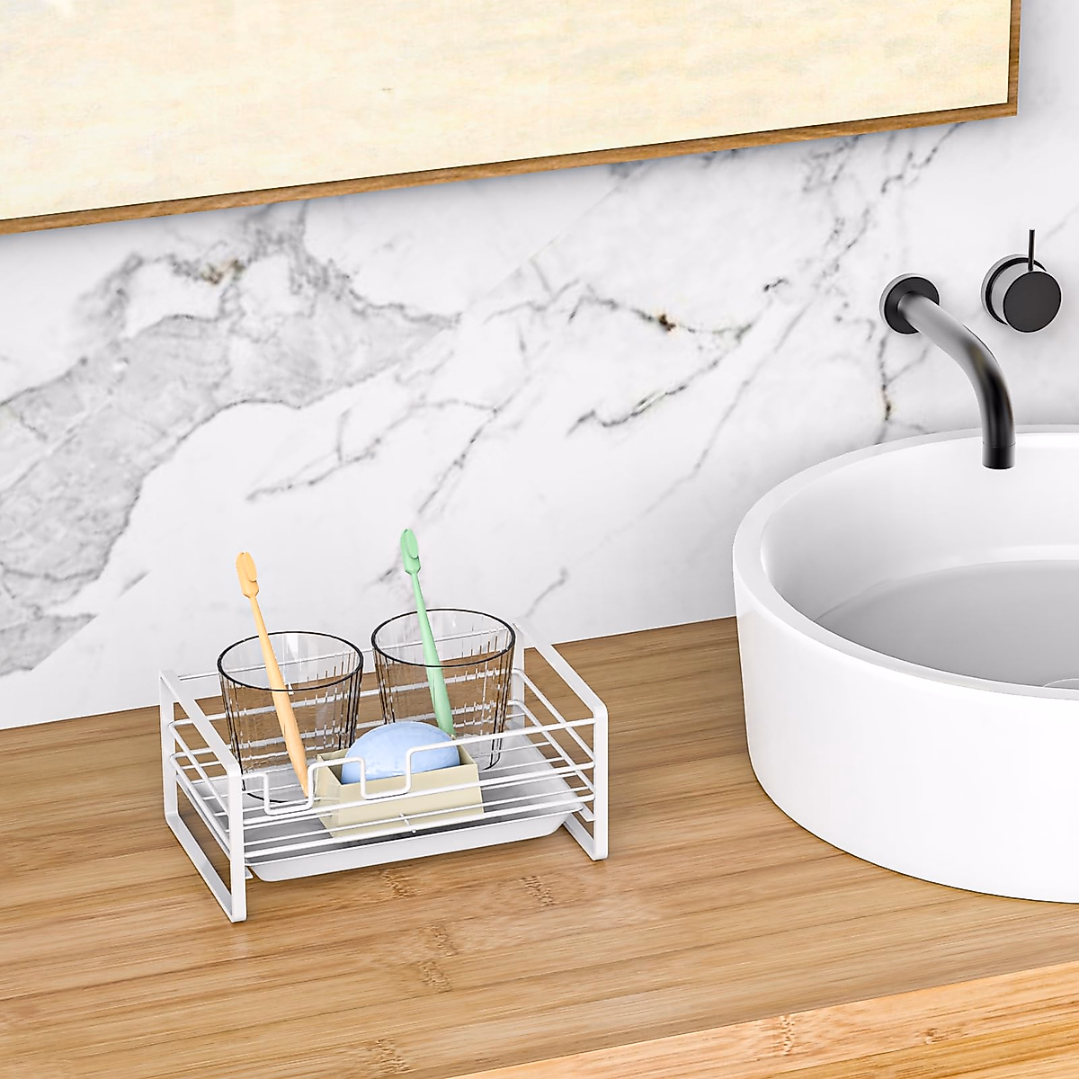 Azureblue Sponge Holder for Kitchen Sink, Kitchen Sink Caddy Organizer, Kitchen Sink Sponge Caddy, Dish Soap Brush Holder with Removable Drip Tray, Instant Dry Kitchen Sink Accessories, Black