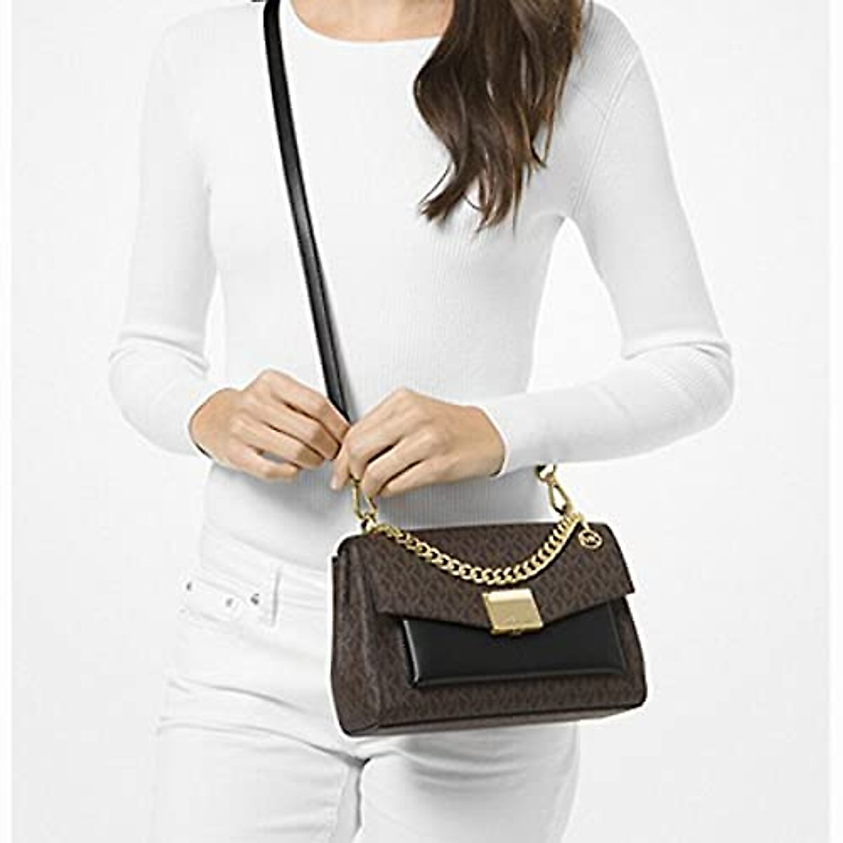 MICHAEL KORS Lita Medium Two-Tone Logo Crossbody Bag (brown signature black solid)