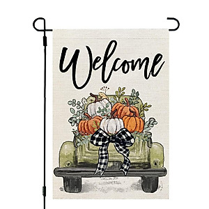 CROWNED BEAUTY Fall Garden Flag 12x18 Inch Double Sided for Outside Burlap Pumpkin Truck Small Seasonal Autumn Yard Decoration