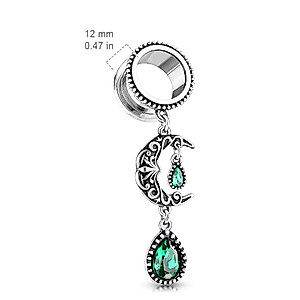 Pierced Owl Vintage Filigree Moon Dangling Vibrant Green Stone Set Flesh Tunnel Plugs, Sold as Pair (10mm (00GA))