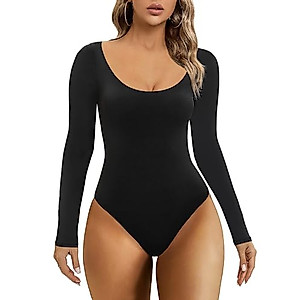 SHAPERX Women's Long Sleeve Scoop Neck Bodysuit Fits Everybody Soft Body Suits Tops, SZ5260-Black-M