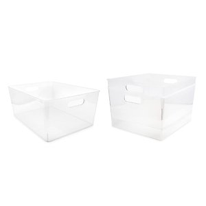 Isaac Jacobs 3-Pack XL Clear Storage Bins (12” L x 11.1” W x 7” H) with Cutout Handles, Plastic Organizer for Home, Office, Kitchen, Fridge/Freezer, Drawers, BPA Free, Food Safe (3-Pack, Extra-Large)