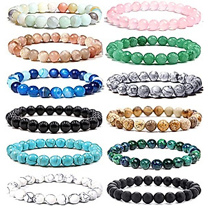 Jewdreamer 12Pcs 8mm Semi-Precious Gemstone Bracelet Healing Crystal Stone Beaded Bracelets for Women Men Unisex Adjustable Bead Stretch Bracelets Set