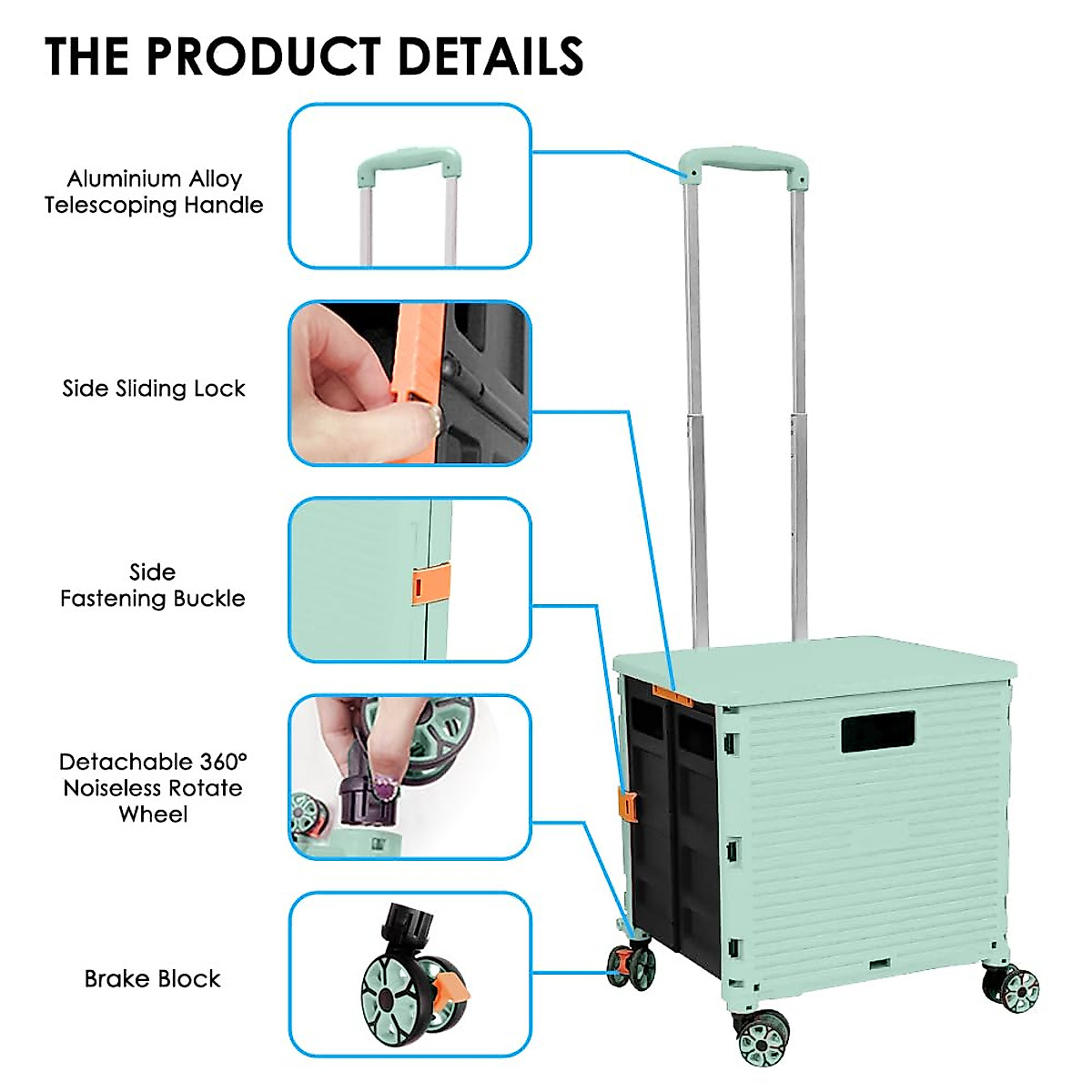SELORSS Foldable Utility Cart Portable Collapsible Crate Rolling Carts with Wheels Rolling Tote Basket Teacher Cart with Lid Wear-Resistant 360°Rotate Wheel Noiseless for Shopping Storage Office Use