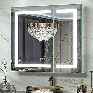 TokeShimi 30x26 Lighted Medicine Cabinet for Bathroom with Mirror and Electrical Outlet Anti-Fog 3 Colors Temperature Dimmable Surface or Recessed Mount for Bathroom Storage