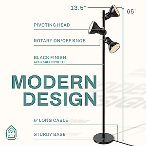 3 Light Floor Lamp Standing Lamp for Living Room, Bedroom, Office - Adjustable Modern Tree Floor Lamps, 60W Bright Spotlight Lighting - Rotating Swivel Corner Light for Reading, Black