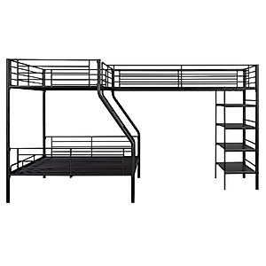 RORIGAT L-Shaped Twin Over Full Bunk Bed，Twin Size Loft Bed Full-Length Guard Rails，Triple Bunk Bed with Four Built-in Shelves and One Ladder for Bedroom, Dorm, Boys, Girls, Adults,Black