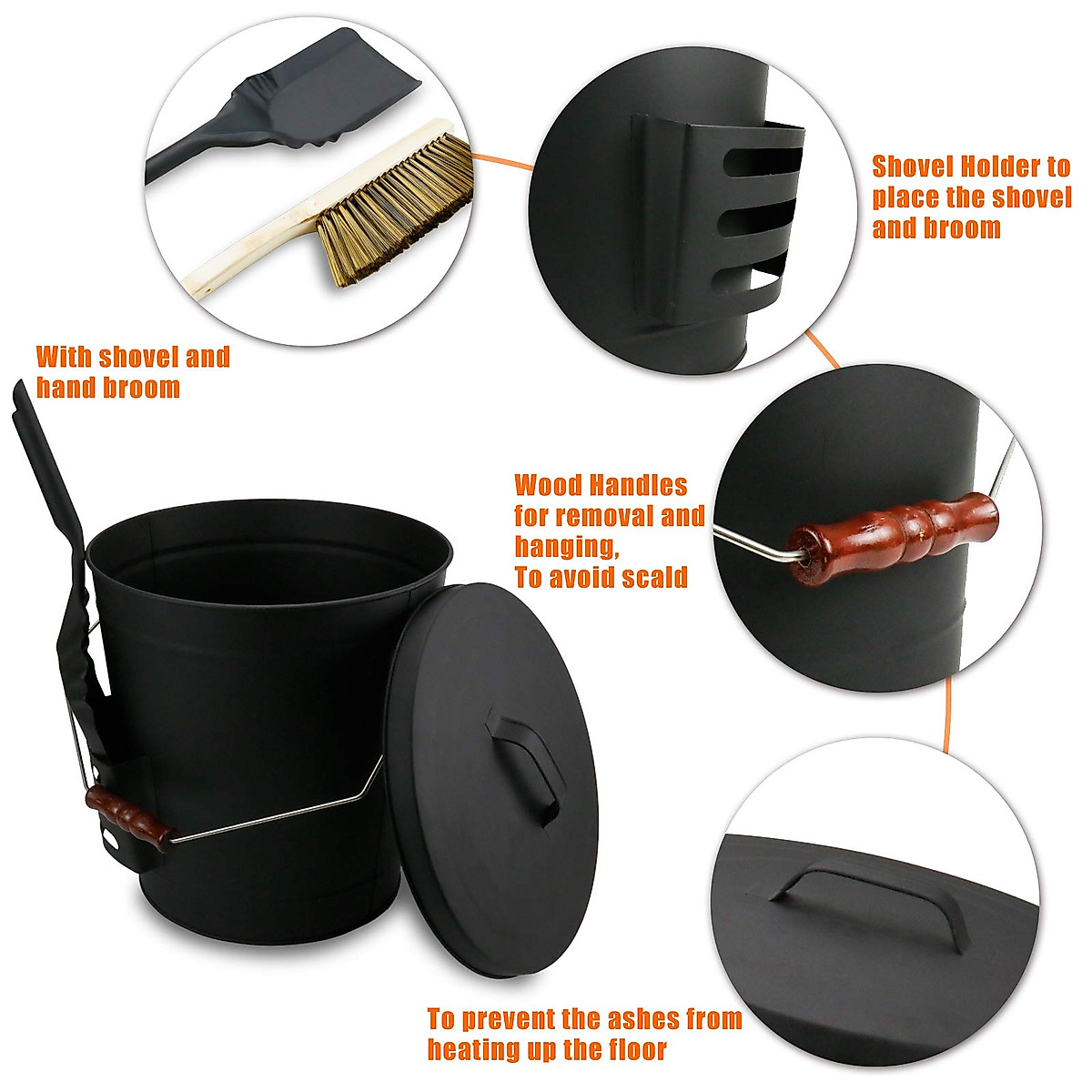 Grisun Ash Bucket with Lid, Shovel and Hand Broom, 5.2 Gallon Coal Bucket for Fireplace, Charcoal Wood Fire Pits, Burning Stoves, Large Pail Pellet Metal Buckets Ash Can, for Indoor and Outdoor