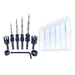 FTG USA Wood Countersink Drill Bit Set Sizes 6 8 10 12 Countersink Tapered Drill Bits, 2 Wood Plug Cutter for Sizes 3/8" and 1/2", 2 Stop Collars, 1 Allen Wrench, and 6 Storarage Containers