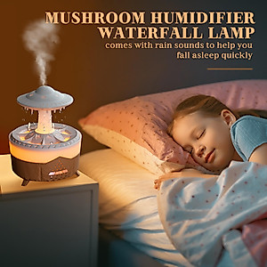 Rain Cloud Humidifier Water Drip, 7 Colors Night Rain Diffuser with Remote Control Timing, Mushroom Diffuser Lamp, Rain Sounds for Sleeping, Desk Fountain (Wood Grain)