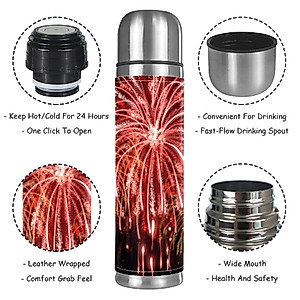 Stainless Steel Leather Vacuum Insulated Mug Fireworks Thermos Water Bottle for Hot and Cold Drinks Kids Adults 16 Oz