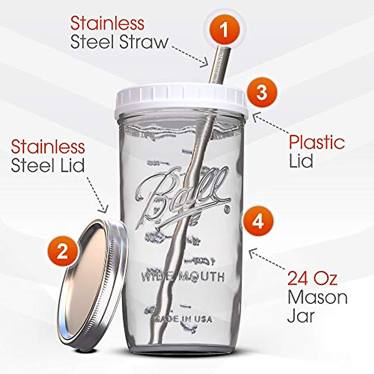 Reusable Wide Mouth Smoothie Cups Boba Tea Cups Bubble Tea Cups with Lids and Silver Straws Mason Jars Glass Cups (2-pack, 24 oz mason jars)