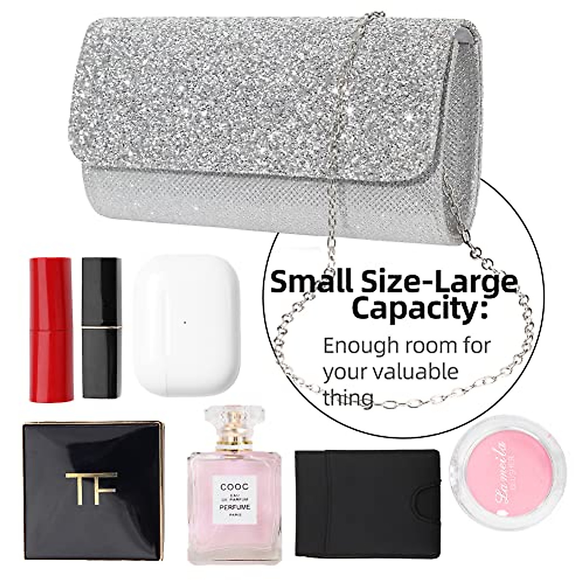 YIXUND Evening Bag Clutch Purses for Women Evening Wedding Party Pleated Handbag Sparkling Glitter Crossbody Evening Clutch (Silver-Glitter)