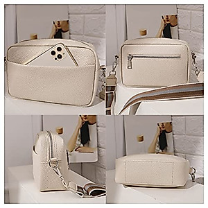 Lushandy Leather Crossbody Bags for Women Crossbody Camera Bag Purse Thick Strap Trendy Small Shoulder Bag with Guitar Strap (Beige)
