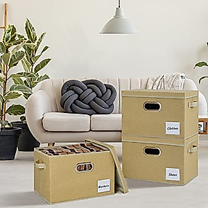 LHZK Large Storage Bins with Lids 6 Pack, Linen Fabric Storage Boxes with Lids, Foldable Storage Baskets with 3 Handles and Label Window for Shelves Bedroom Closet Office (15.75x11.8x10.2,Black,Beige)