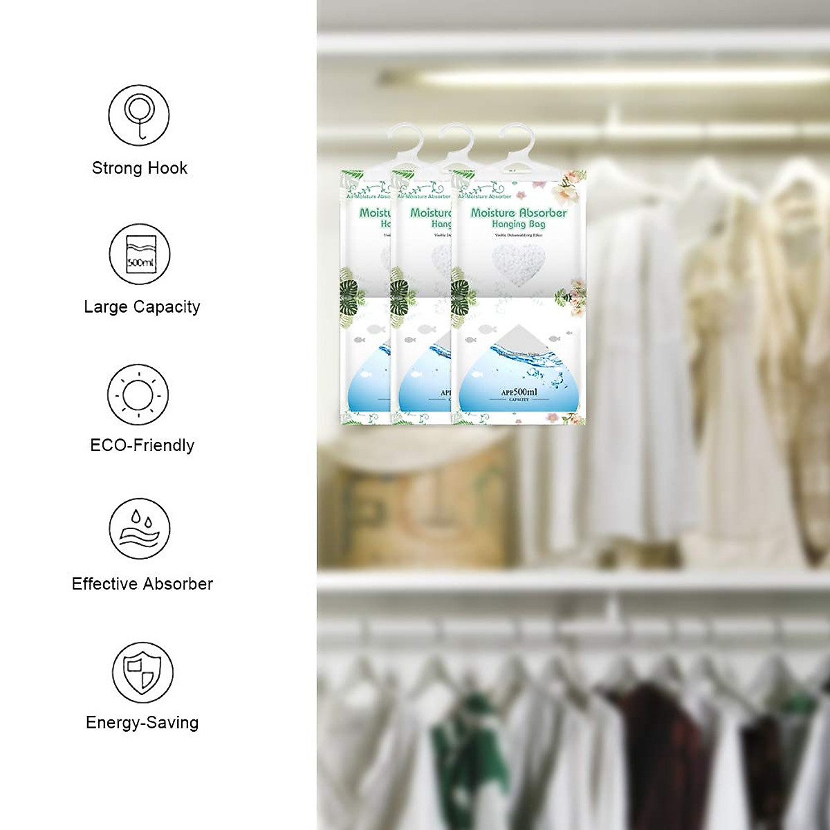 CANAGER Hanging Moisture Absorber-12 Packs, Hanging Dehumidifier Bags for Closet,Bedroom and kitchen,Fragrance Free,Moisture Absorb 12.5OZ