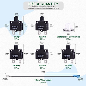 Keadic 20Pcs 20A Push Button Circuit Breaker with Manual Reset Assorted Set AC125-250V 32VDC Thermal Circuit Breaker with 19cm Wire Leads, Female Spade Terminals and Waterproof Button Transparent Cap