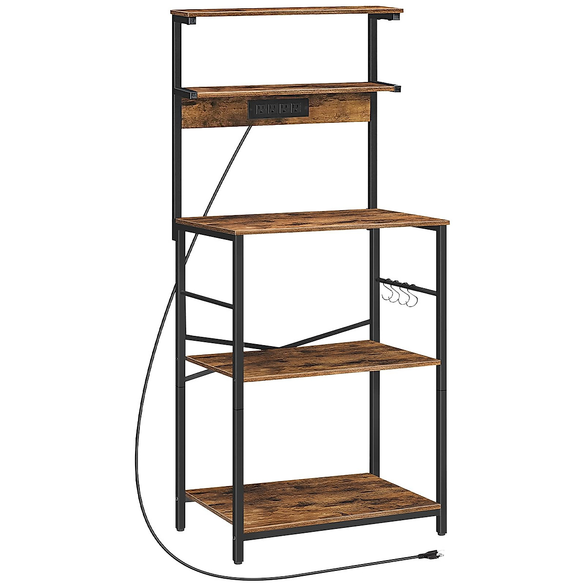 HOOBRO Bakers Rack with Power Outlet, 5-Tiers Microwave Stand with Storage, Kitchen Rack Storage Shelf with 4 S-Shaped Hooks, Coffee Bar, for Kitchen, Living Room, Rustic Brown and Black BF12UHB01