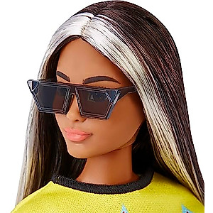 Barbie Fashionistas Doll, Curvy, Long Highlighted Hair & Flame Crop Top, Checkered Skirt, Sneakers & Sunglasses, Toy for Kids 3 to 8 Years Old