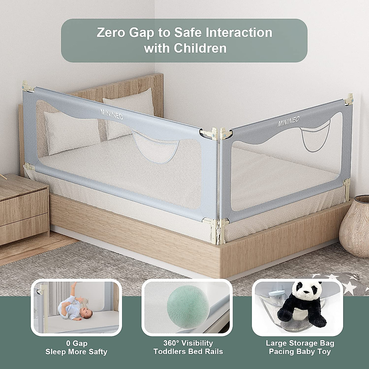 MININEC Bed Rail for Toddlers Baby, Long Toddler Bedrail Guard for Kids Children, Strong Babies Bed Rail for Twin, Full Size, Queen & King Mattress with Reinforced Anchor Safety Grey 70.8 * 27.5 in