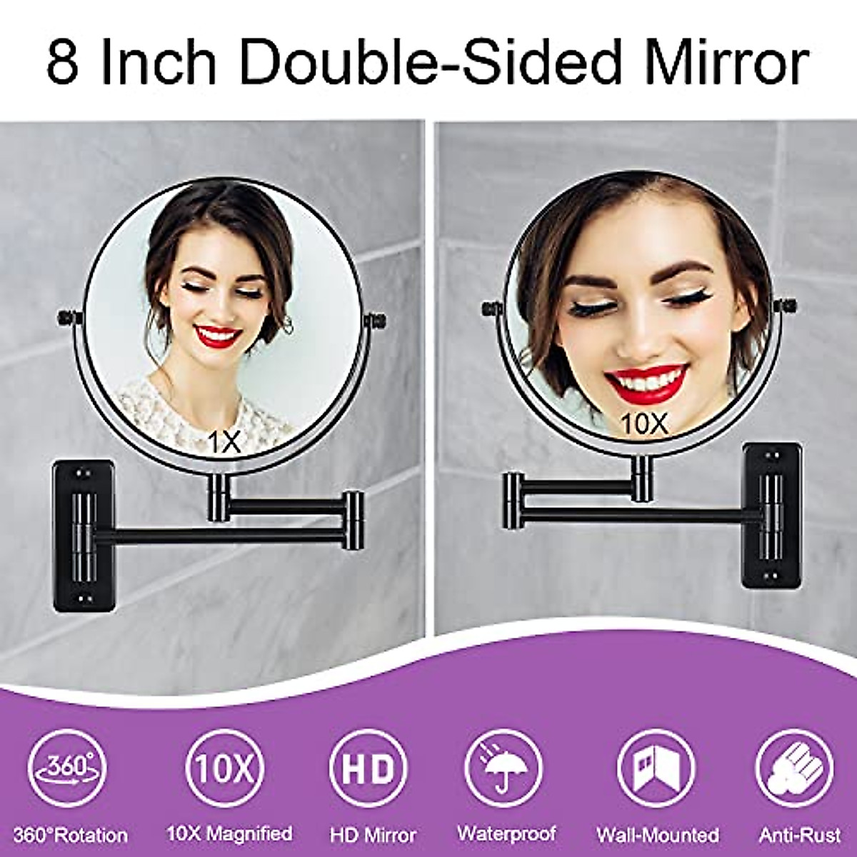 LANSI Wall Mounted Makeup Mirror, 1X/10X Magnifying Mirror 360° Extendable Arm Mirror for Makeup, 8 Inch Double Sided Vanity Mirror for Bathroom, Wall Mirror for Teen Girls, Women, Black