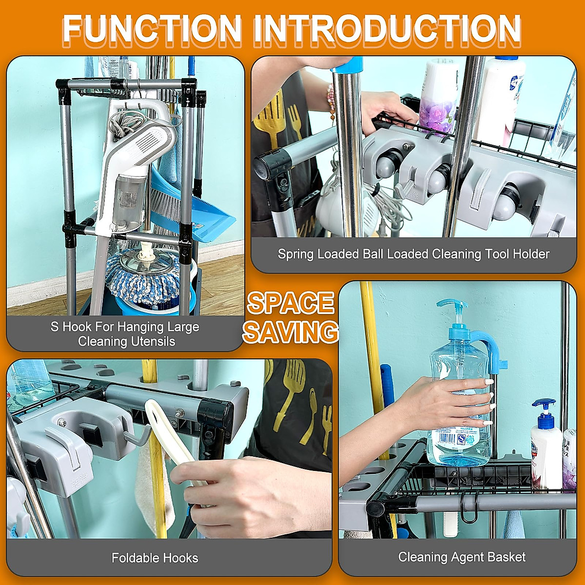 QTJH Floor-Standing Multi-Functional Cleaning Tool Organizer storage broom mop and cleaning supplies