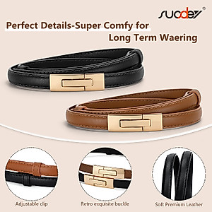 SUOSDEY 2 Pack Women's Leather Skinny Belts for Dress Adjustable Vintage Thin Waist Belt for Ladies,0.6" Width