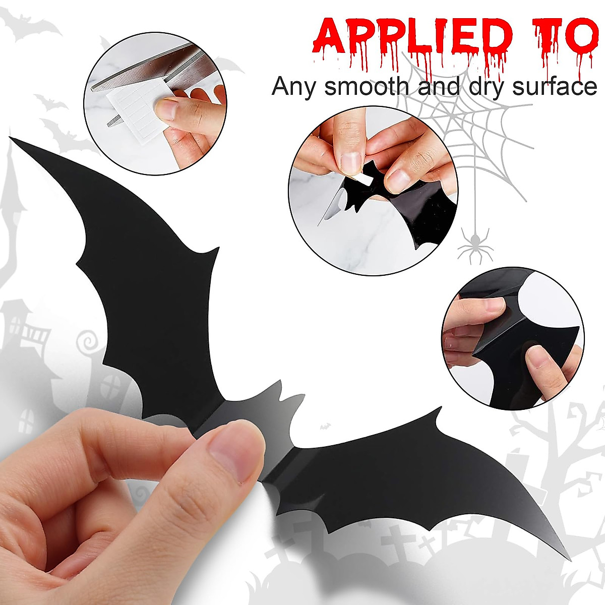 Big Size Bat Wall Decor Stickers, 124pcs Indoor Large Bats Halloween Decorations, DIY 3D Gothic Bats Decor, PVC Bat Stickers for Gothic House, Hunted Mansion, Ghost House, Goth Decor