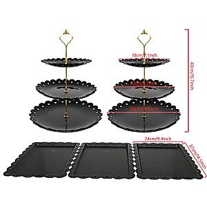 Set of 5 Party Cupcake Stand Includes 2 Pcs 3 Tier Cake Stand + 3 Rectangle Plastic Serving Trays for Wedding Birthday Baby Shower Tea Party (Black)
