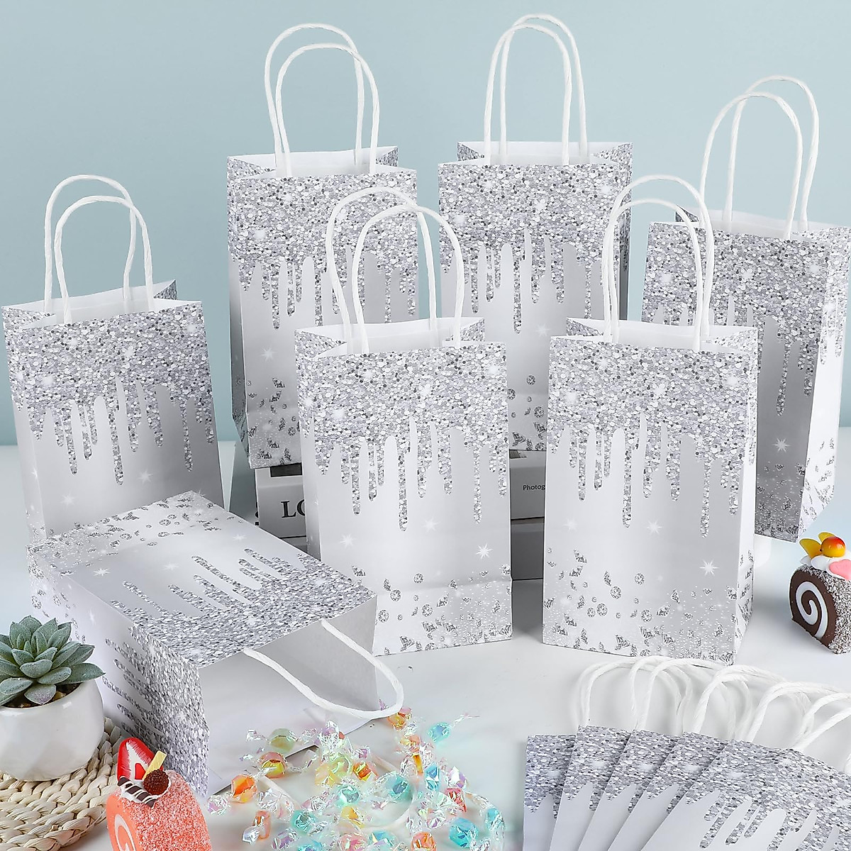 12Pcs Silver Glitter Gift Bags Glitter Diamond Goodie Bag Happy Birthday Treat Bag Diamond Silver Candy Bags Supply for Wedding Bridal Baby Shower Holiday Party Favors Decoration 4.7*3.15*8inch