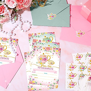 24 Pcs Tea Party Invitation Cards With Envelopes And Stickers, Little Girl Garden Tea Cup Time Bridal or Baby Shower Invite, High Tea Themed Ladies Event Ideas, Printed or Fill in The Blank Card