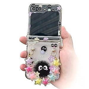NXBNK for Galaxy Z Flip 5 Case, Soot Sprite Floral Hard Clear Phone Case for Samsung Galaxy Z Flip 5 2023 Plus a free phone chain, Cartoon Flip Case for Girls Women - Soot Sprite