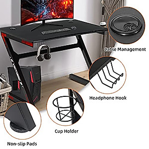 AILEEKISS 45'' Gaming Desk Large Home Computer Gaming Desk Sports Racing Table with with Cup Holder Headphone Hook for Home Office (Red)