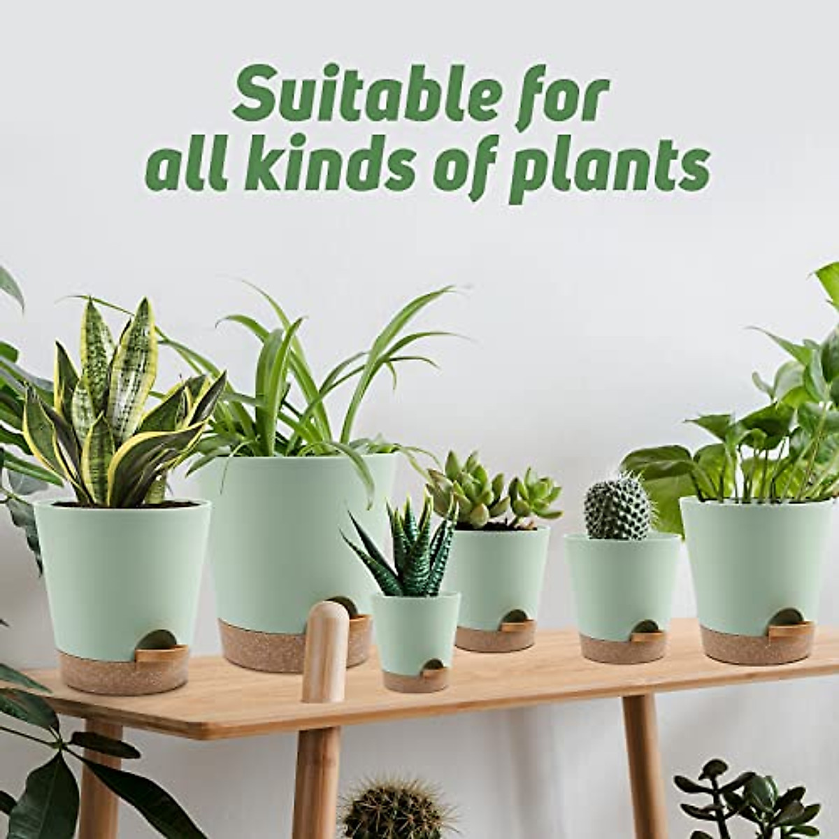YNNICO Indoor Self Watering Planters with Drainage Holes and Saucers, 8, 7, 6.5, 6, 5.5, 5 Inches, Green, 6 Pots