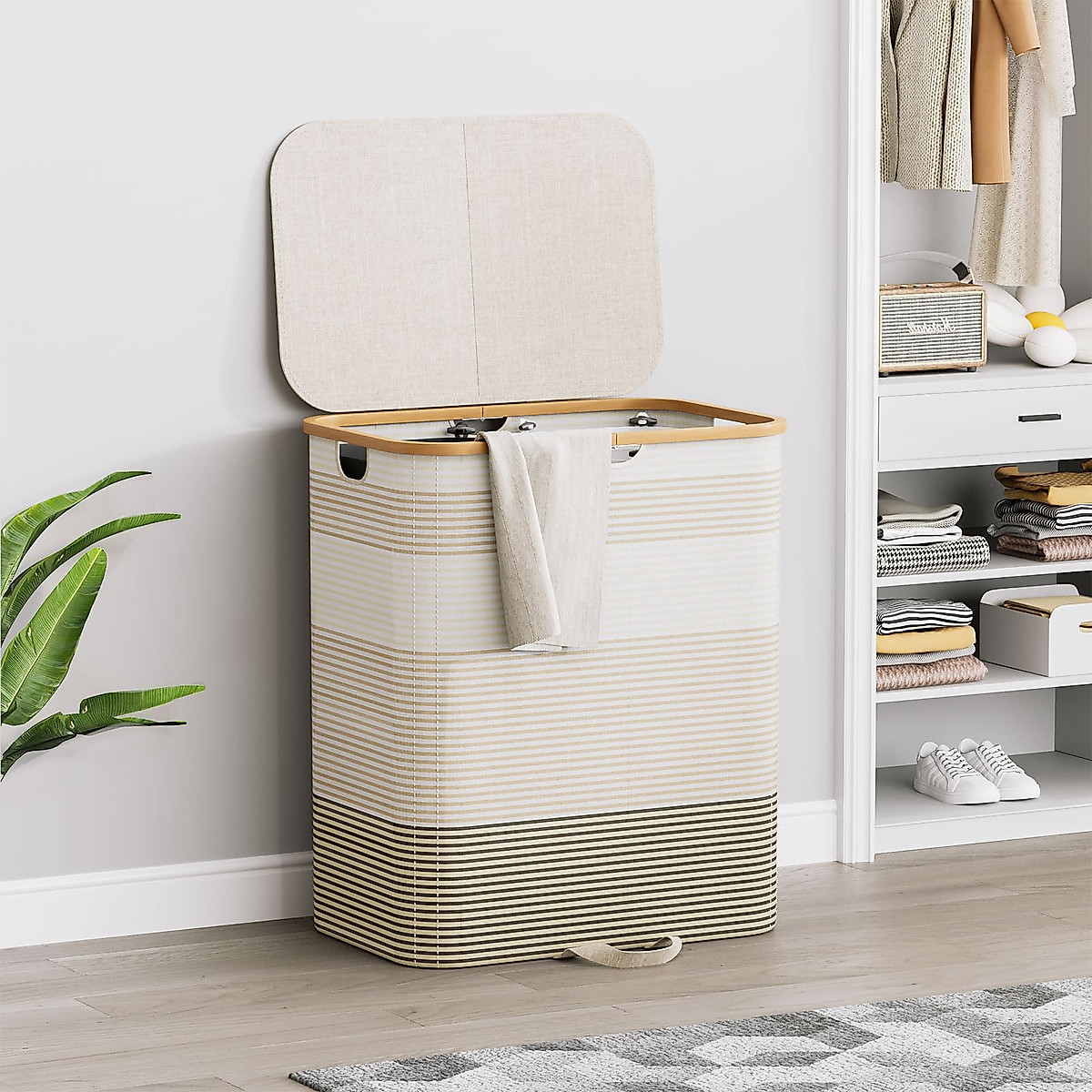 Double Laundry Hamper with Lid and Removable Bags, 150L Large Collapsible 2 Dividers Dirty Clothes Basket with Handles, Beige Laundry Basket Organizer for Bedroom,Laundry Room,Closet,Bathroom,College