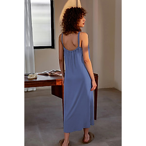 Ekouaer Women's Sleeveless Long Nightgown Full Slip Nightdress Soft Sleepdress V Neck Nightshirt Blue Large